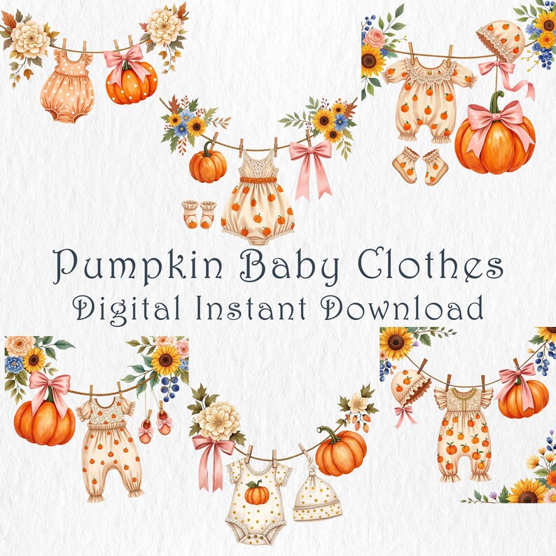 Autumn Pumpkin Baby Clothesline Clipart Set – Fall Baby Outfit PNG ...