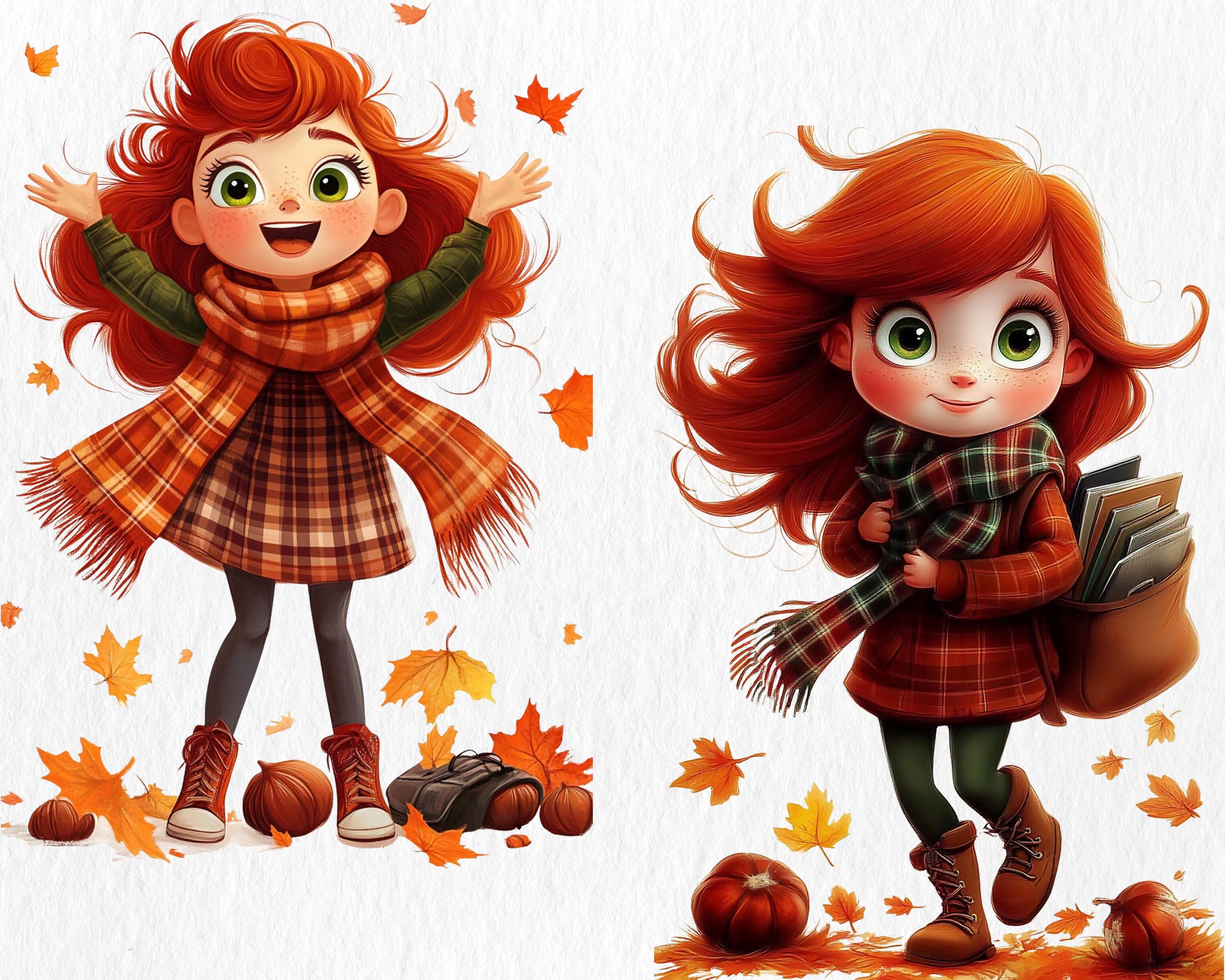 Autumn Cute Girl Clipart Set. Cute Red-haired Girl, Fall Illustrations ...