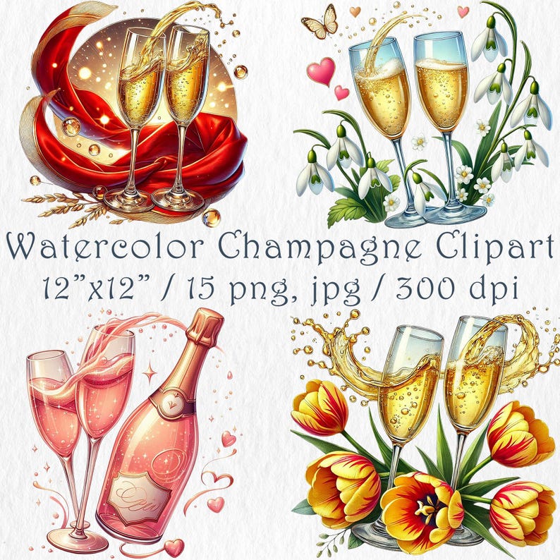 Watercolor Champagne Clipart for Valentine's Day, Birthdays, and ...