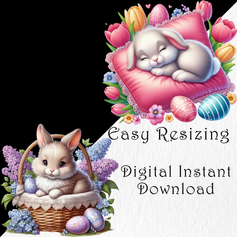 Easter Bunny Clipart Bundle. Cute Easter Rabbits With Flowers & Eggs ...