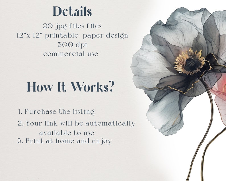Elegant Poppy Flowers Digital Art. Printable Abstract Pressed Poppy ...