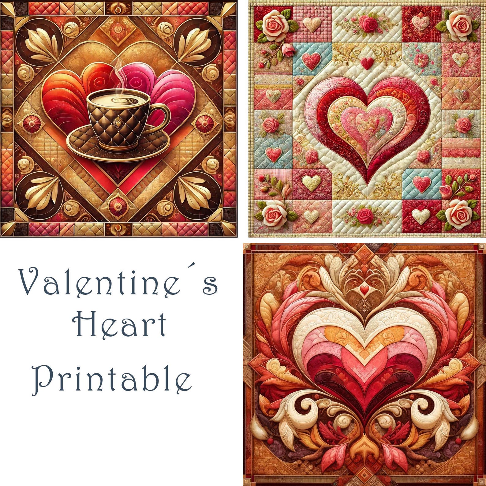 Heart Patchwork Quilt Art Clipart Set. Romantic Valentine's Day Heart ...