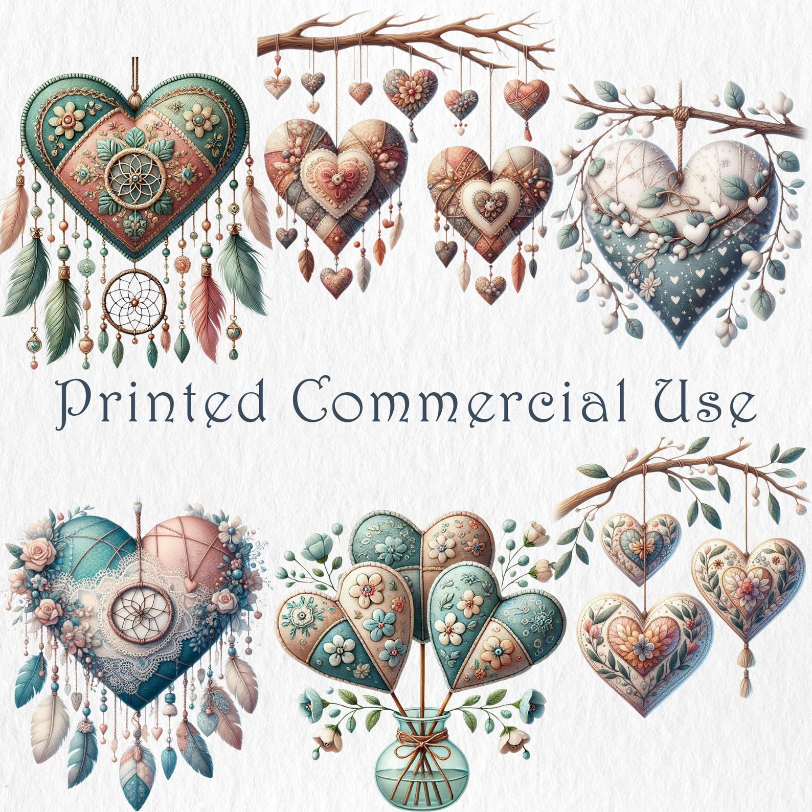 Boho Heart Clipart. Boho Hearts Isolated on White PNG & JPG. Rustic ...