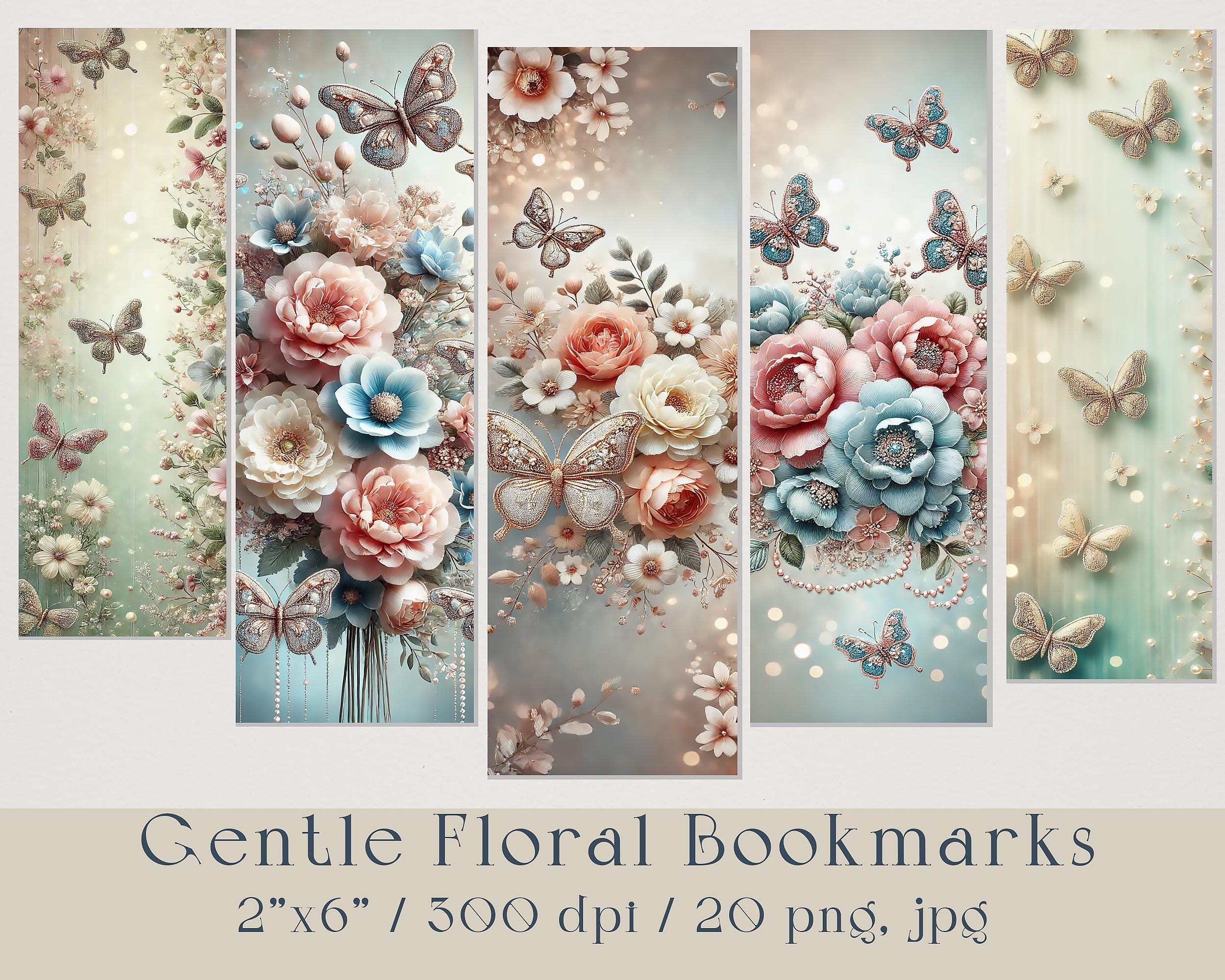 Floral Printable Bookmarks Set, 20 PNG Gentle Flowers Bookmarks Kit ...