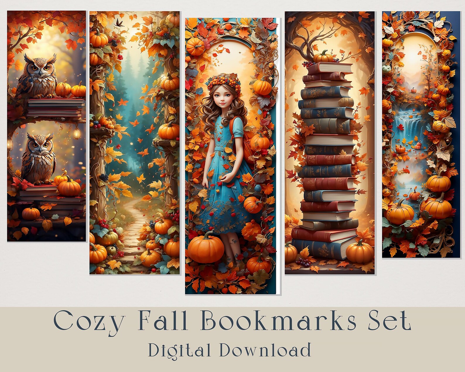 Autumn Fantasy Bookmarks Set, Cozy Fall Designs of Pumpkins, Lanterns ...