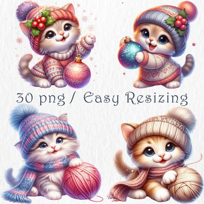 Christmas Kittens Clipart Bundle. Winter Cat 30 PNG. Holiday Kitty ...
