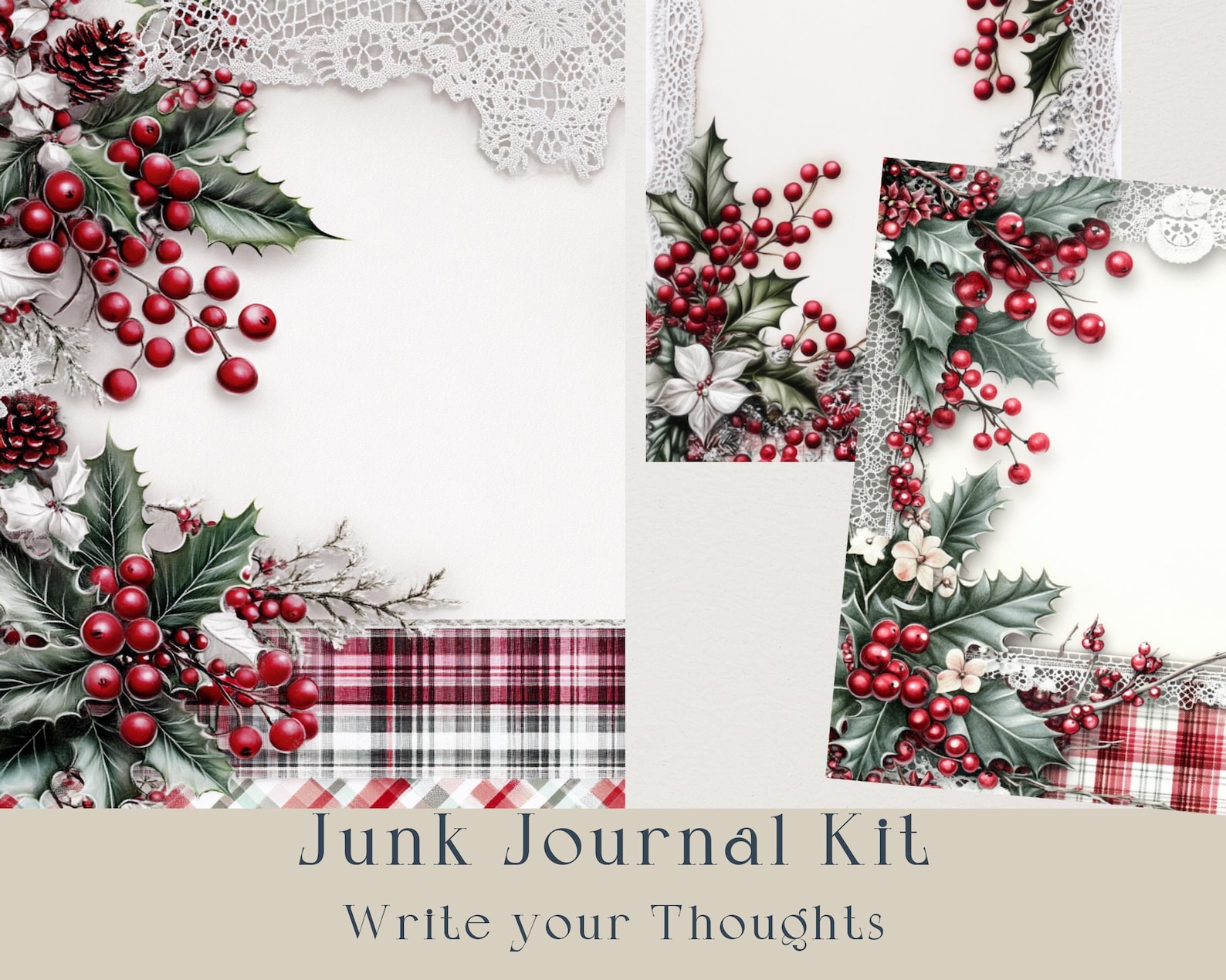 Christmas Holly Leaves Berries Printable Paper Kit, 40 Png. Vintage ...