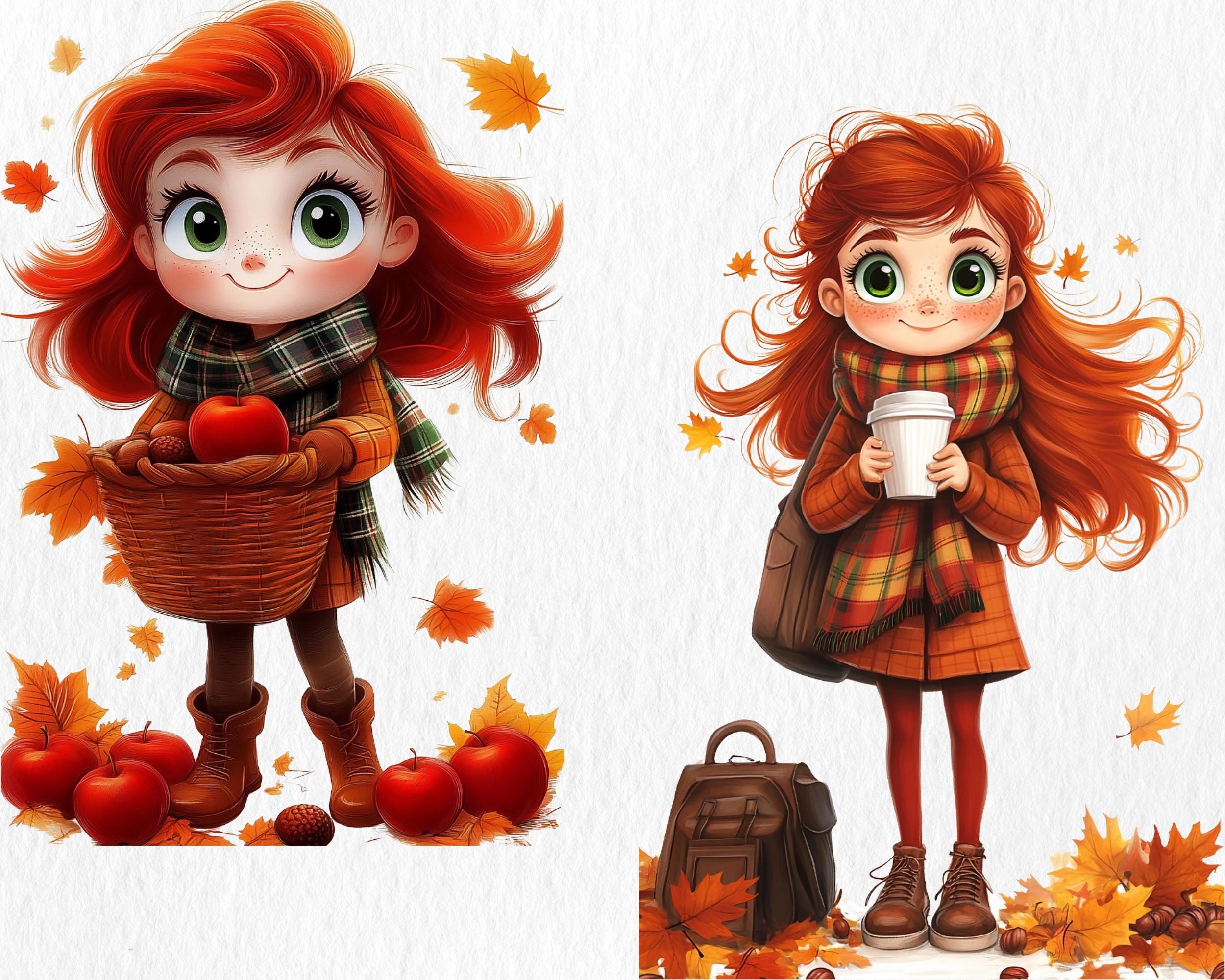 Autumn Cute Girl Clipart Set. Cute Red-haired Girl, Fall Illustrations ...