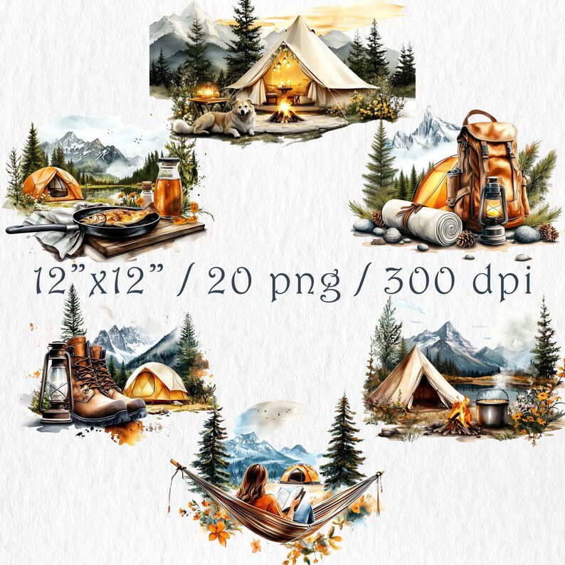 Watercolor Camping Clipart Set. Tents, Campfire, Forest and Mountain ...