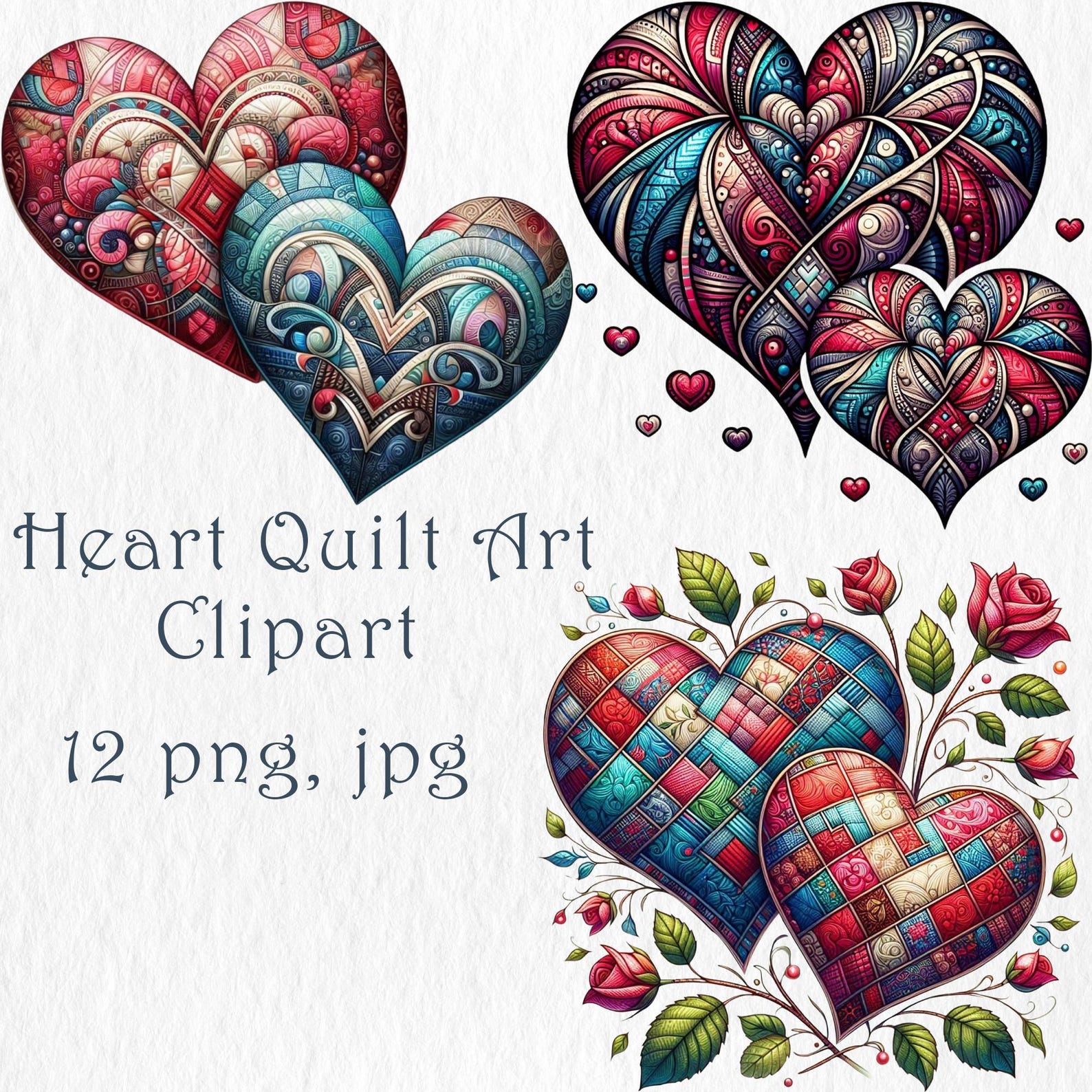 Heart Quilt Art Patchwork Clipart Set. Romantic Valentine's Day Hearts ...