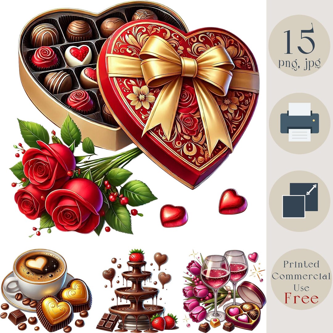 Valentines Day Sweets Clipart - Chocolate, Champagne, Cookies, Fountain ...