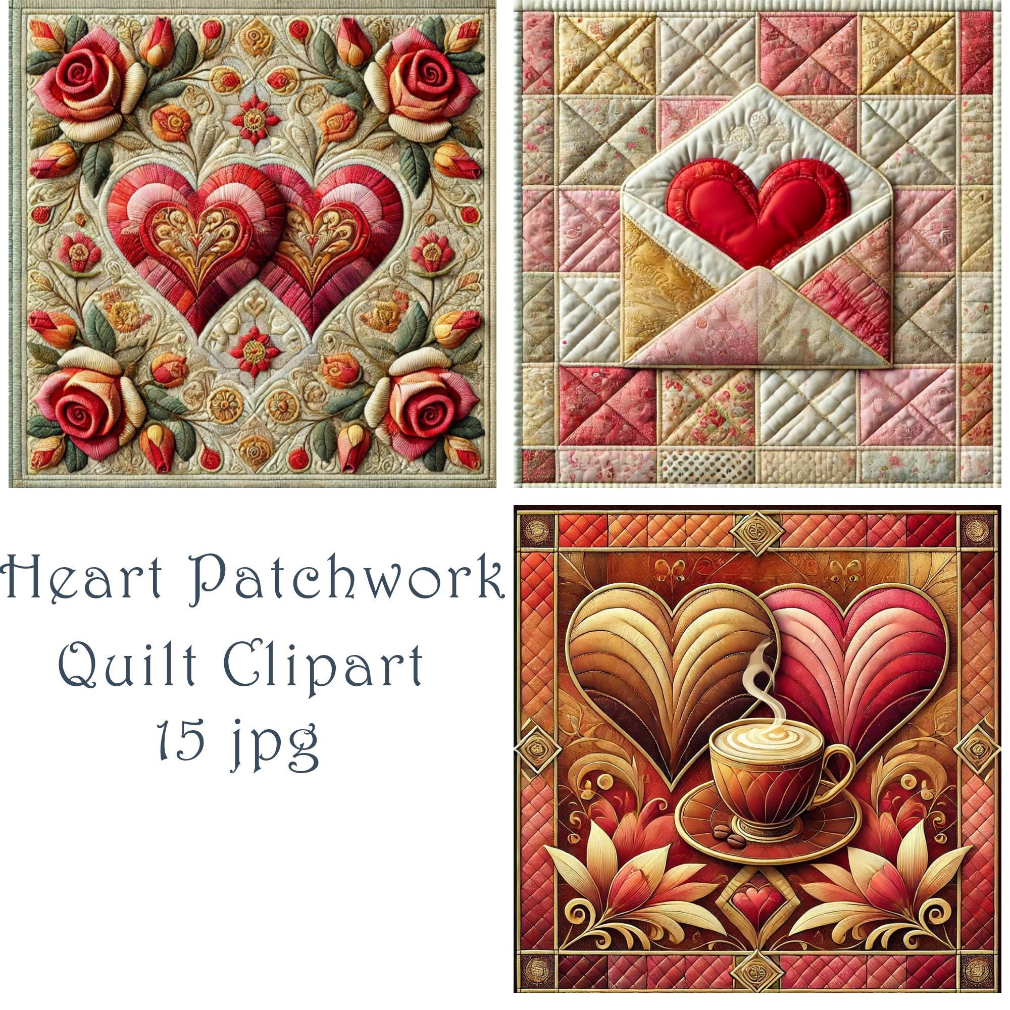 Heart Patchwork Quilt Art Clipart Set. Romantic Valentine's Day Heart ...
