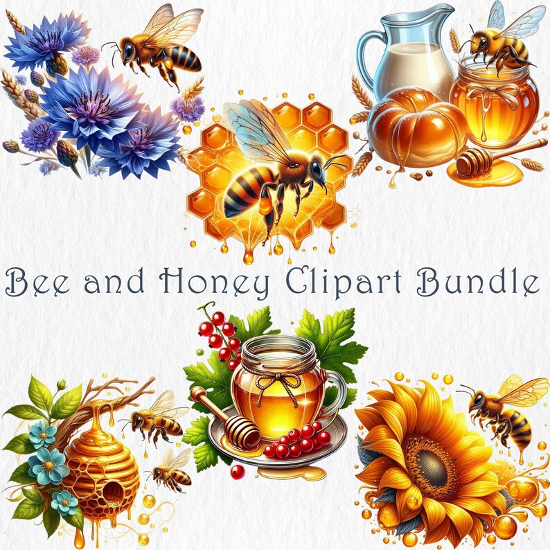 Bee and Honey Clipart Bundle. Watercolor Bees, Honeycomb, Flowers ...