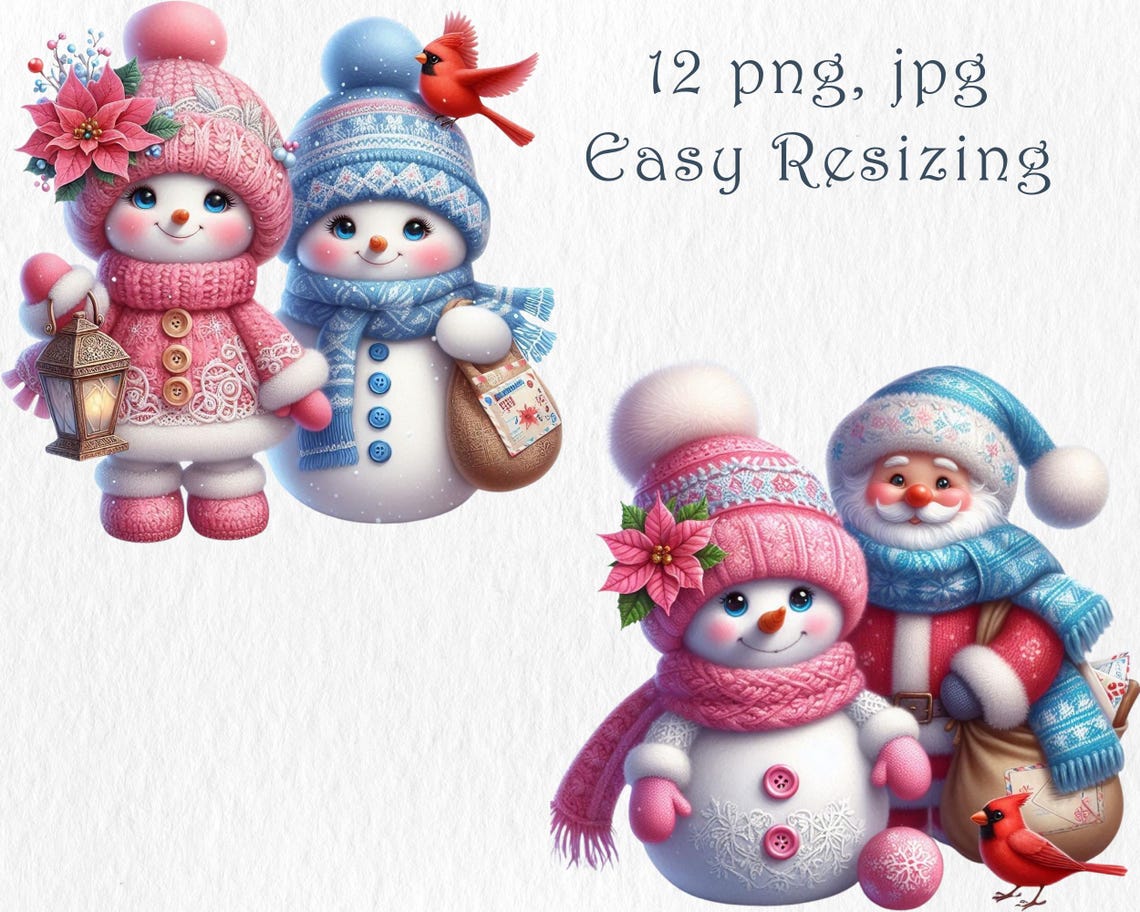 Christmas Snowmen Clipart, Winter Snowman Duo Digital Illustrations ...