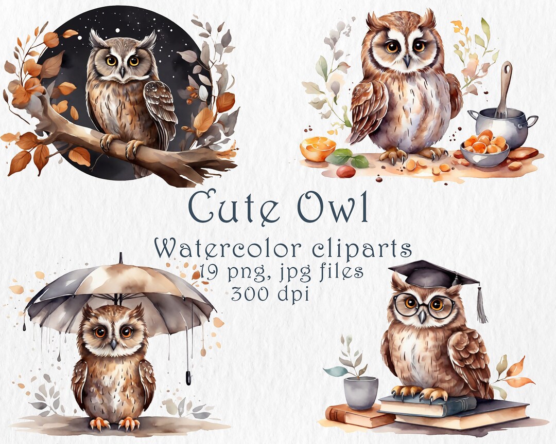 Cute Owl Watercolor Cliparts. Digital Printable Designs of Cute Owl ...