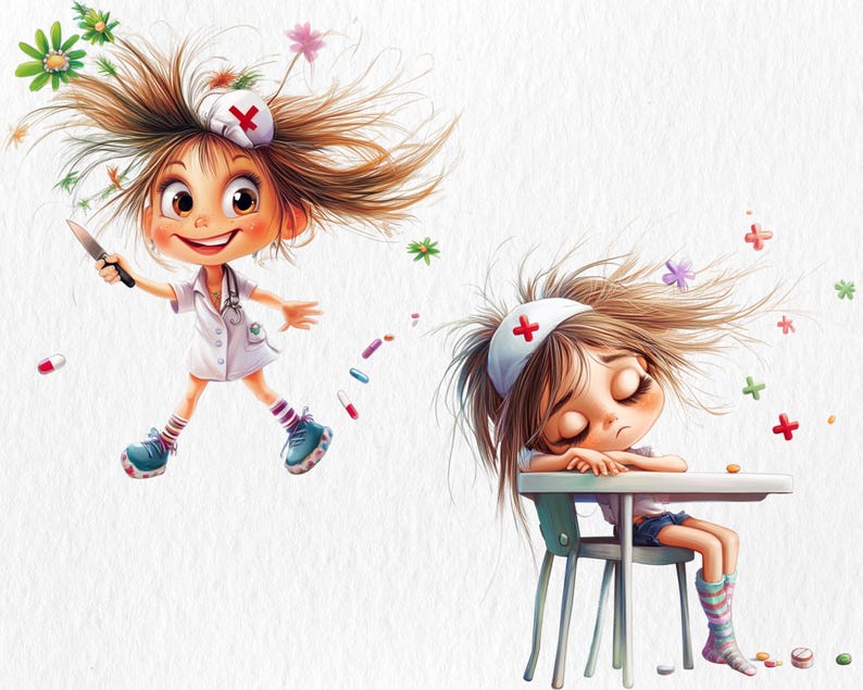 Quirky Nurse Girl Clipart Kit, 12. Funny Whimsical Doctor Character ...