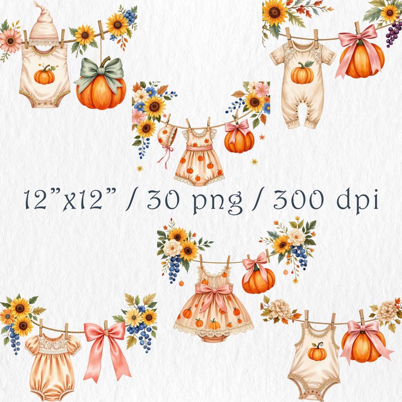 Autumn Pumpkin Baby Clothesline Clipart Set – Fall Baby Outfit PNG ...