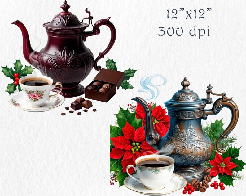Vintage Christmas Coffee Pot Clipart Set. Festive Holiday Digital Art ...