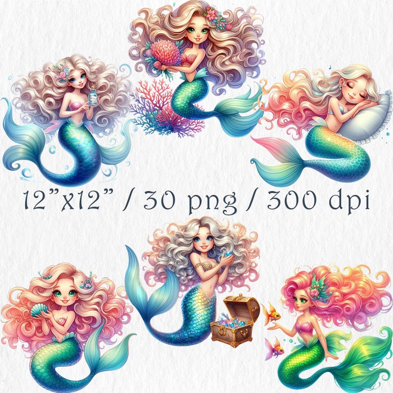Cute Mermaid Clipart Bundle. Underwater Birthday Graphics. Digital ...