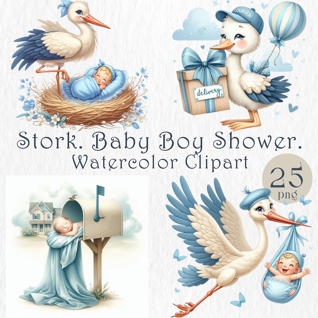 Stork and Baby Boy Shower Clipart Bundle – Cute Watercolor Newborn ...
