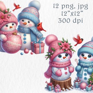 Christmas Snowmen Clipart, Winter Snowman Duo Digital Illustrations ...