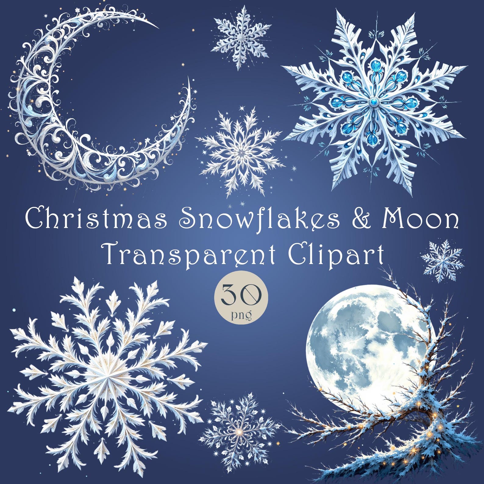 Christmas Snowflake Clipart. White Snowflakes, Moon and Crescent PNG ...