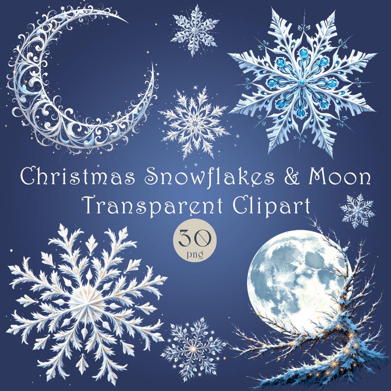 Christmas Snowflake Clipart. White Snowflakes, Moon and Crescent PNG ...