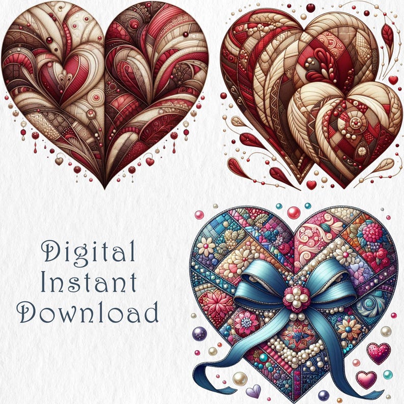 Heart Quilt Art Patchwork Clipart Set. Romantic Valentine's Day Hearts ...