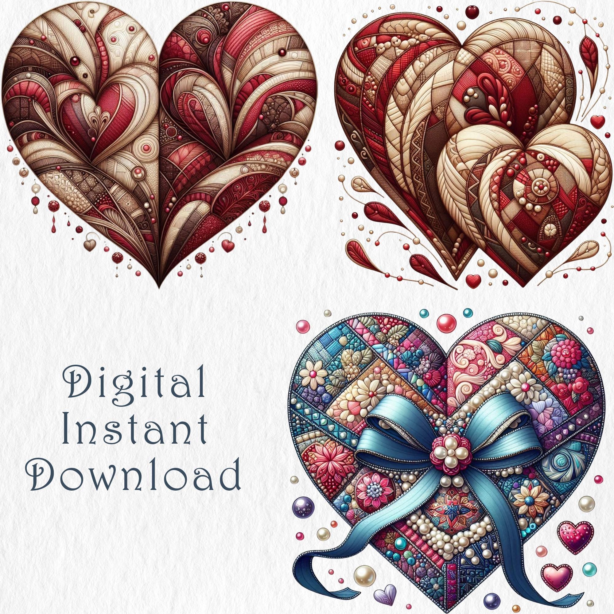 Heart Quilt Art Patchwork Clipart Set. Romantic Valentine's Day Hearts ...