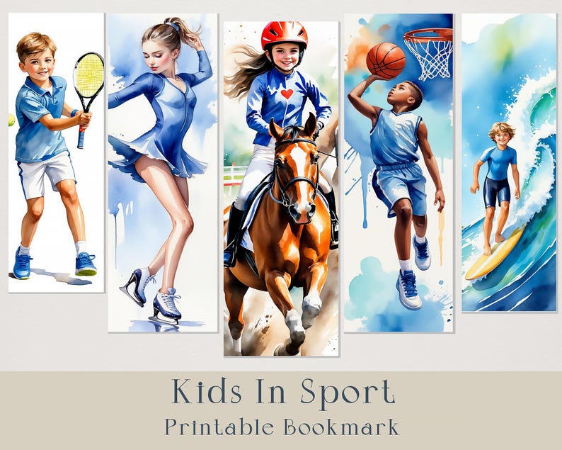Kids Sports Watercolor Printable Bookmarks. Watercolor Design of Sports ...