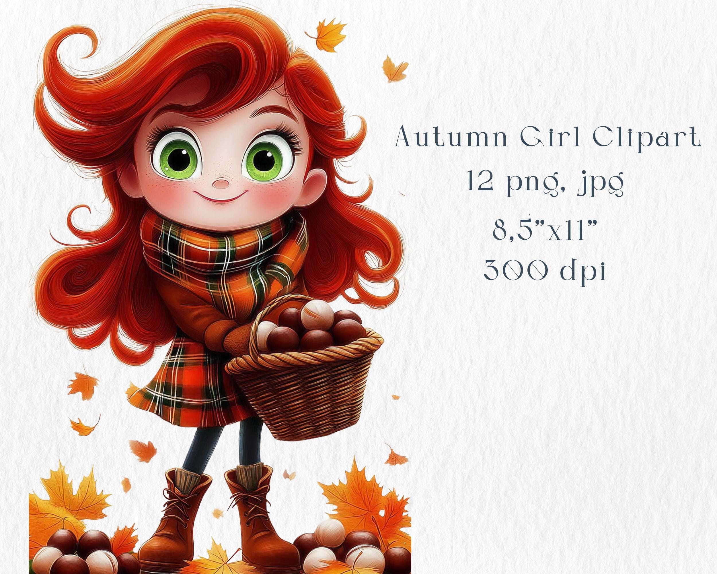 Autumn Cute Girl Clipart Set. Cute Red-haired Girl, Fall Illustrations ...