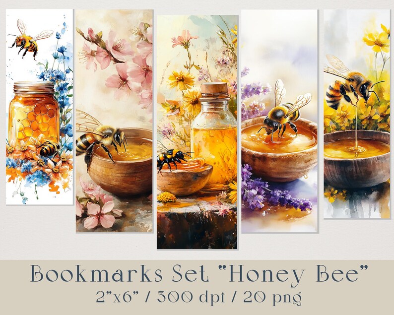 Honey Bee Watercolor Printable Bookmarks Set. Digital Instant Download ...