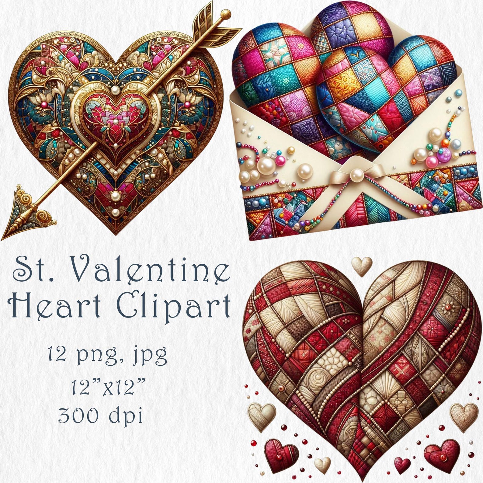 Heart Quilt Art Patchwork Clipart Set. Romantic Valentine's Day Hearts ...