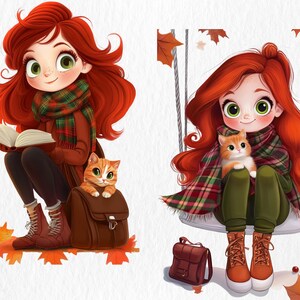 Autumn Cute Girl Clipart Set. Cute Red-haired Girl, Fall Illustrations ...