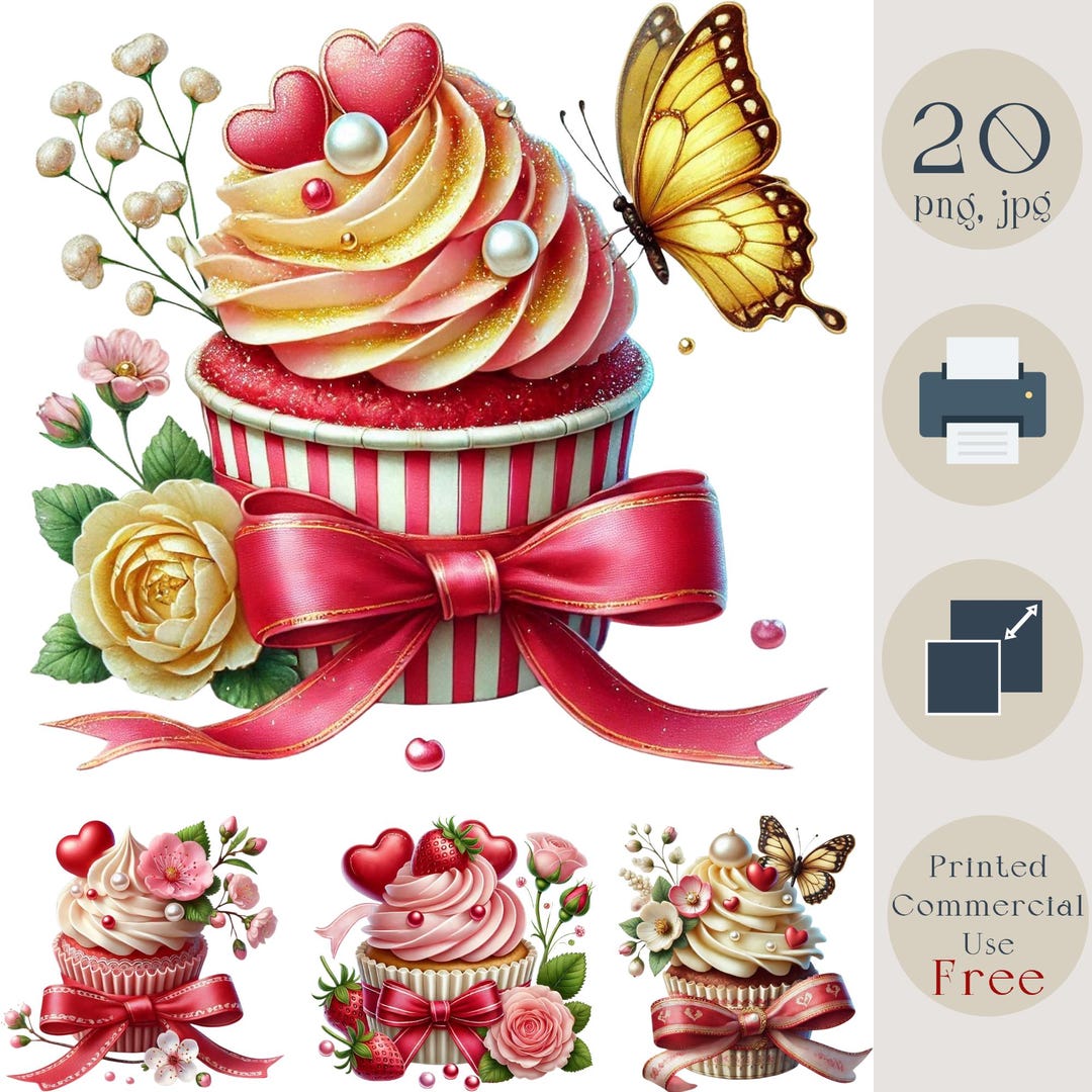 Valentines Day Heart Cupcake Clipart. Pink Frosting, Red Bow PNG, Cute ...