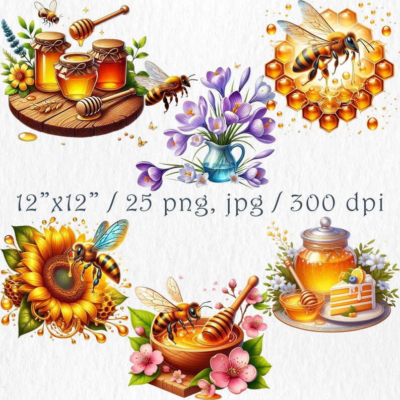 Bee and Honey Clipart Bundle. Watercolor Bees, Honeycomb, Flowers ...