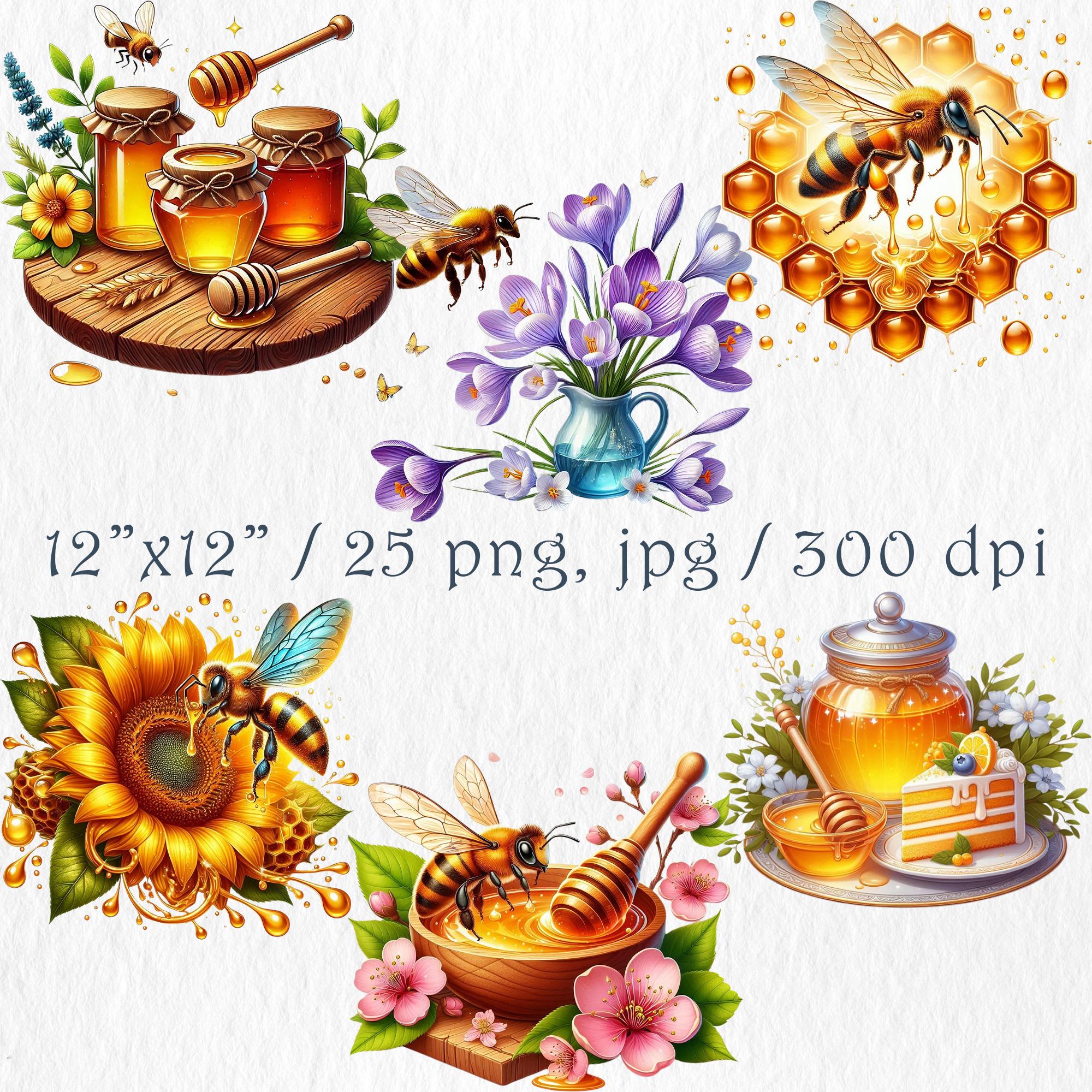 Bee and Honey Clipart Bundle. Watercolor Bees, Honeycomb, Flowers ...