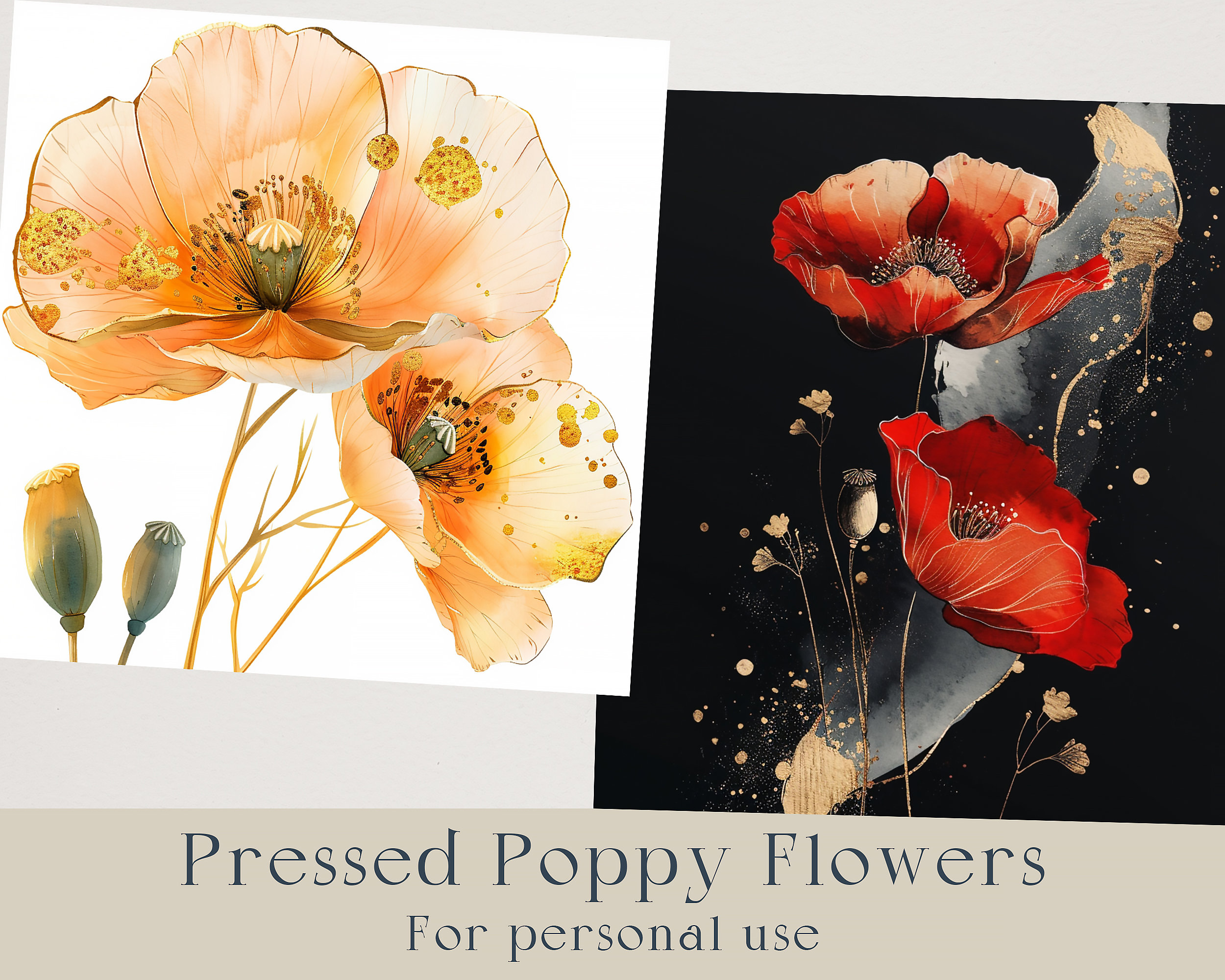 Elegant Poppy Flowers Digital Art. Printable Abstract Pressed Poppy ...