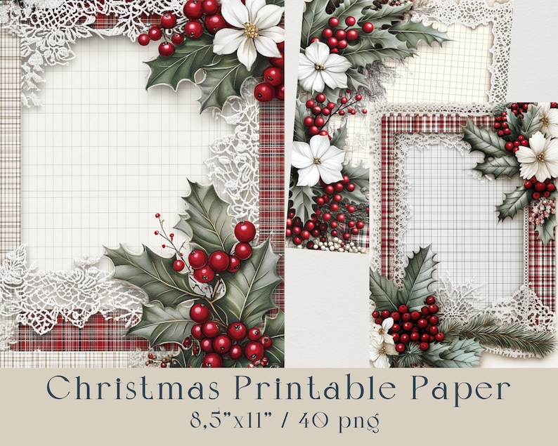Christmas Holly Leaves Berries Printable Paper Kit, 40 Png. Vintage ...
