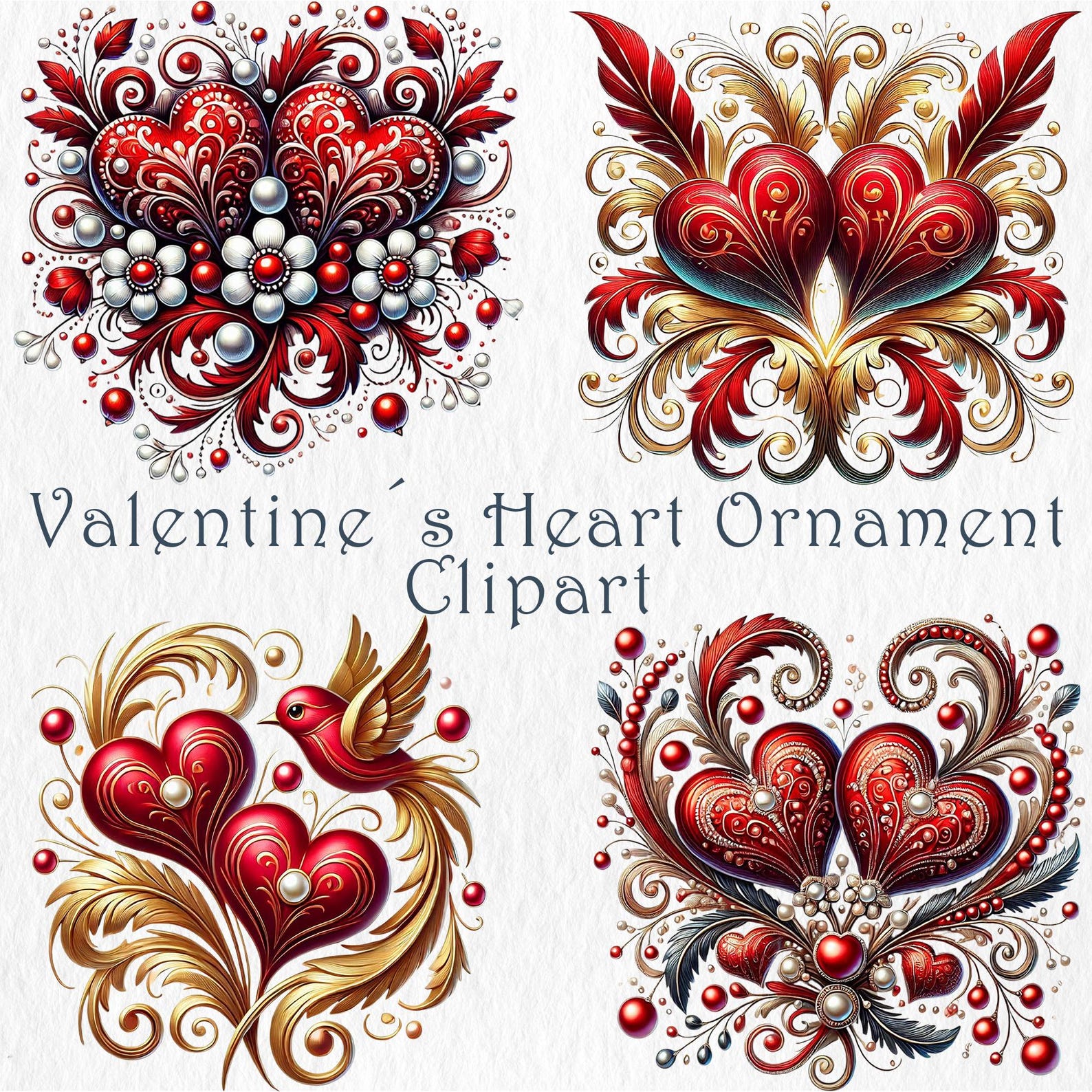 Valentines Day Heart Ornament Clipart. Elegant Art Decor Heart, 15 PNG ...