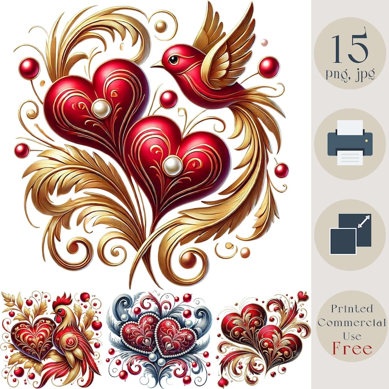 Valentines Day Heart Ornament Clipart. Elegant Art Decor Heart, 15 PNG ...