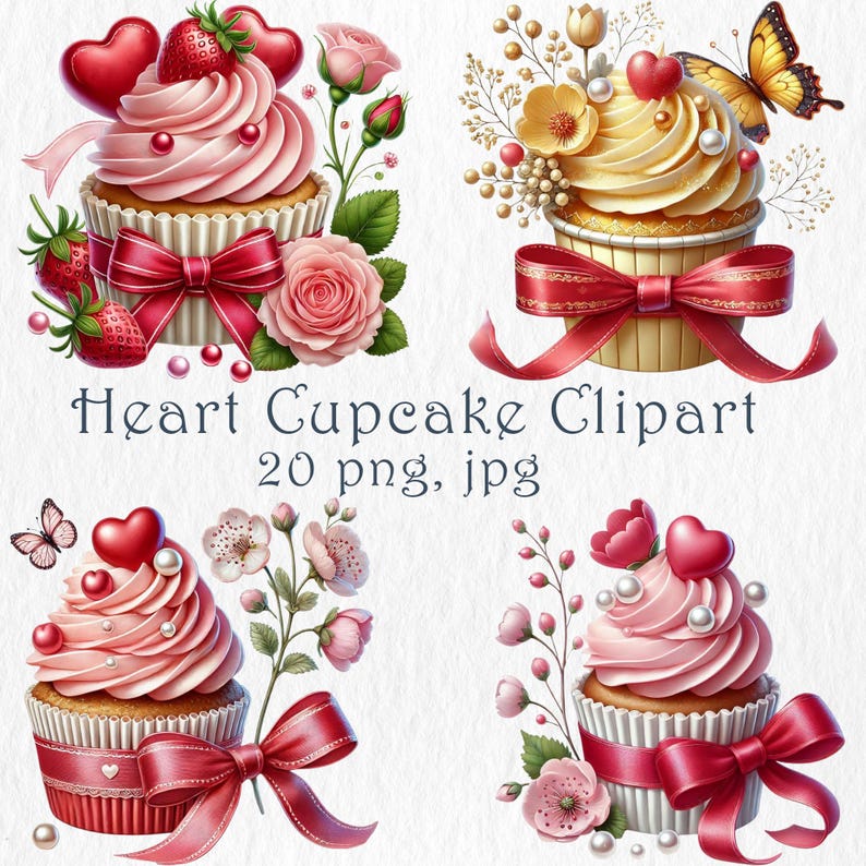 Valentines Day Heart Cupcake Clipart. Pink Frosting, Red Bow PNG, Cute ...