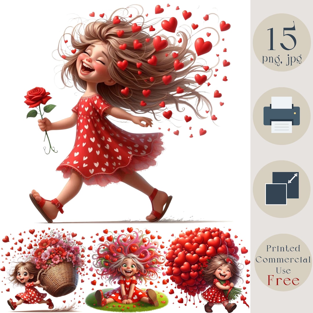 Quirky Cute Funny Girl Clipart With Hearts, Valentine’s Day Digital Art ...