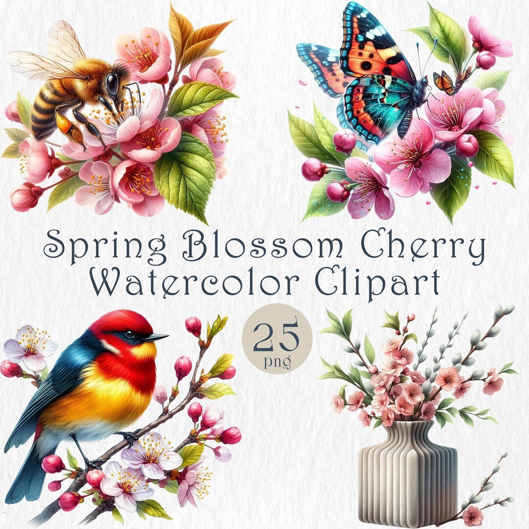Spring Cherry Blossom Clipart. Floral Watercolor 25 PNG. Sakura Flowers ...