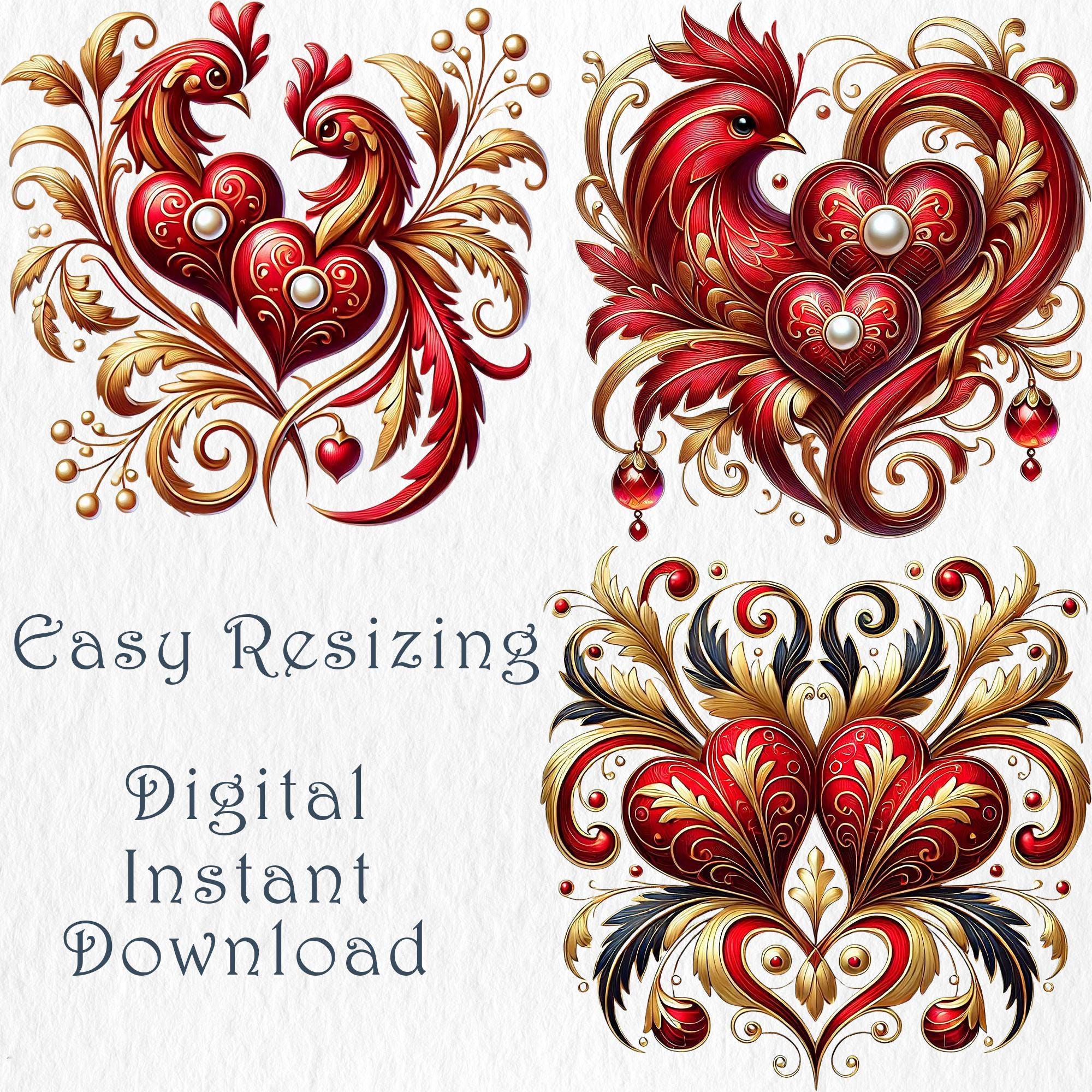 Valentines Day Heart Ornament Clipart. Elegant Art Decor Heart, 15 PNG ...