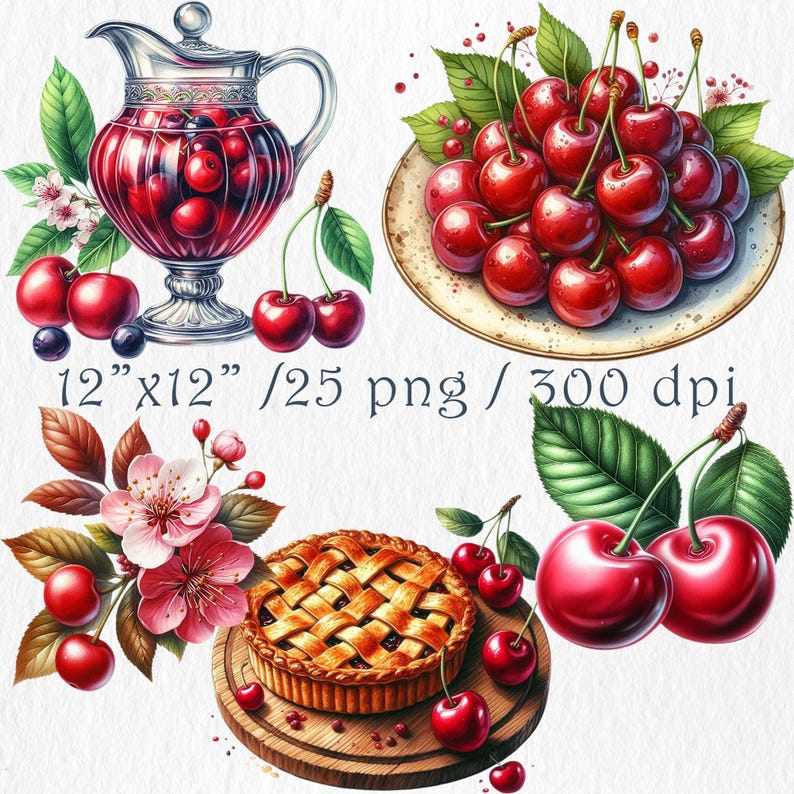 Watercolor Cherry Berry Clipart. Red Cherries 25 PNG. Cherry Berry ...