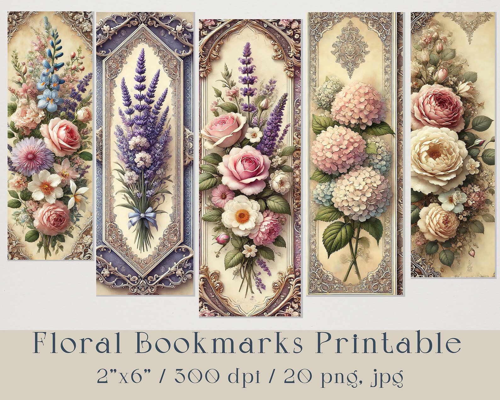Floral Printable Bookmarks Set, 20 PNG Floral Bookmarks Design ...