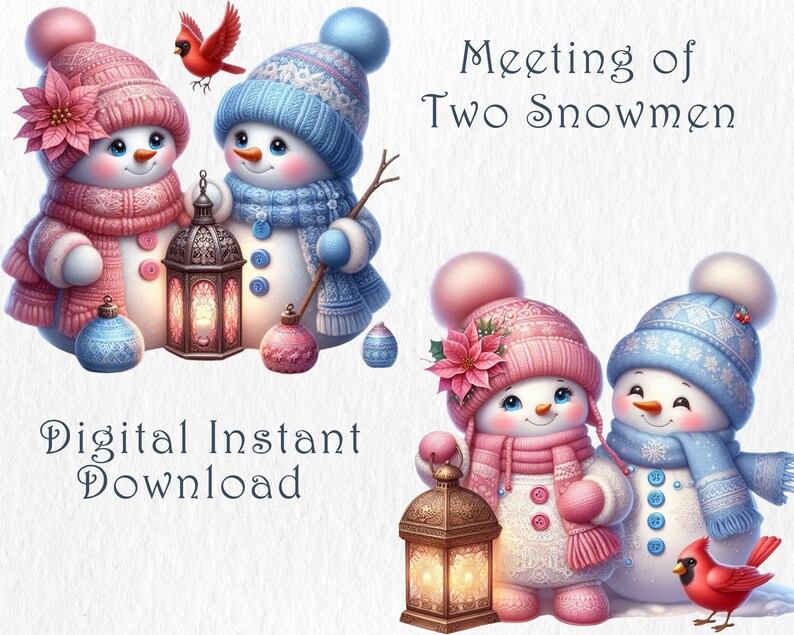Christmas Snowmen Clipart, Winter Snowman Duo Digital Illustrations ...