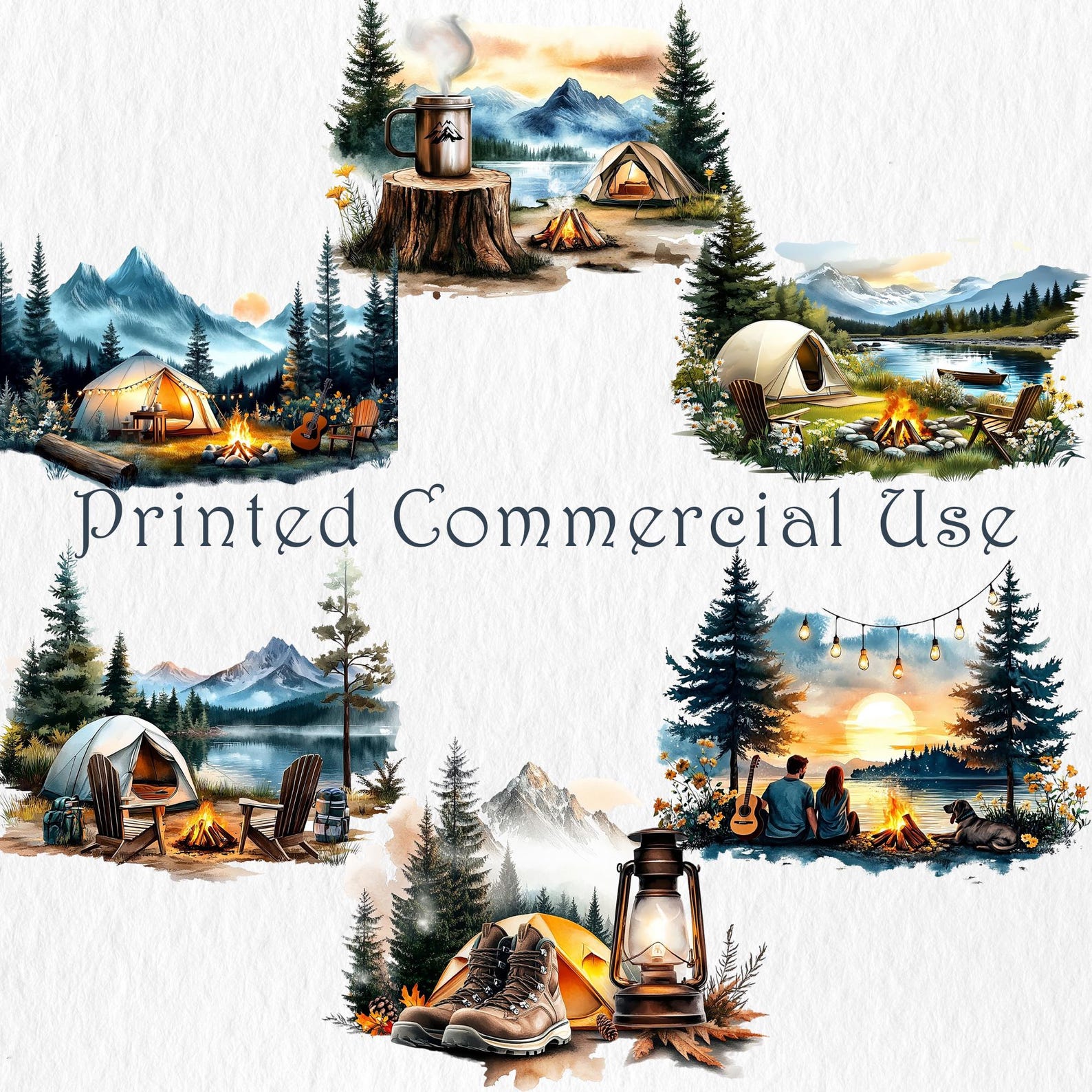 Watercolor Camping Clipart Set. Tents, Campfire, Forest and Mountain ...