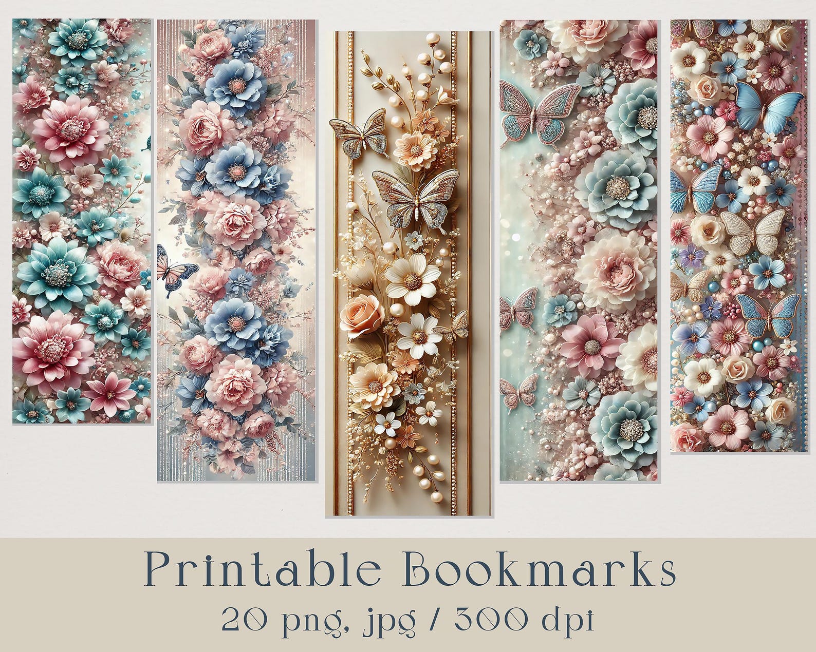 Floral Printable Bookmarks Set, 20 PNG Gentle Flowers Bookmarks Kit ...